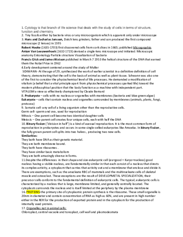 (DOC) INTRODUCTION TO CYTOLOGY NOTES