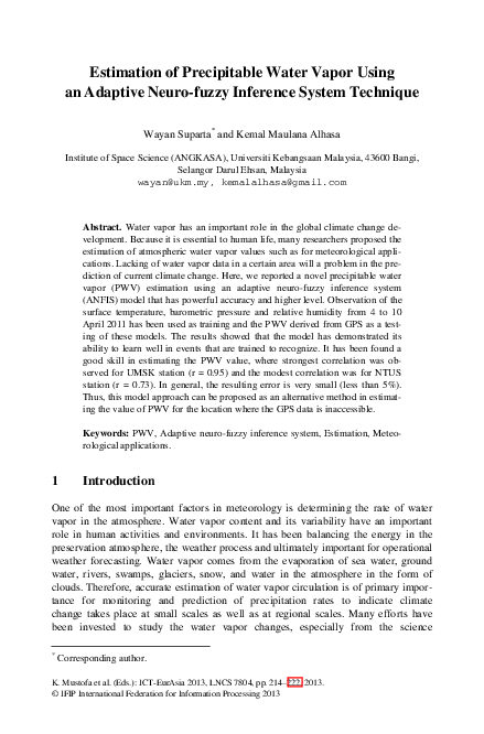 (PDF) Estimation of precipitable water vapor using an adaptive neuro-fuzzy inference system ...