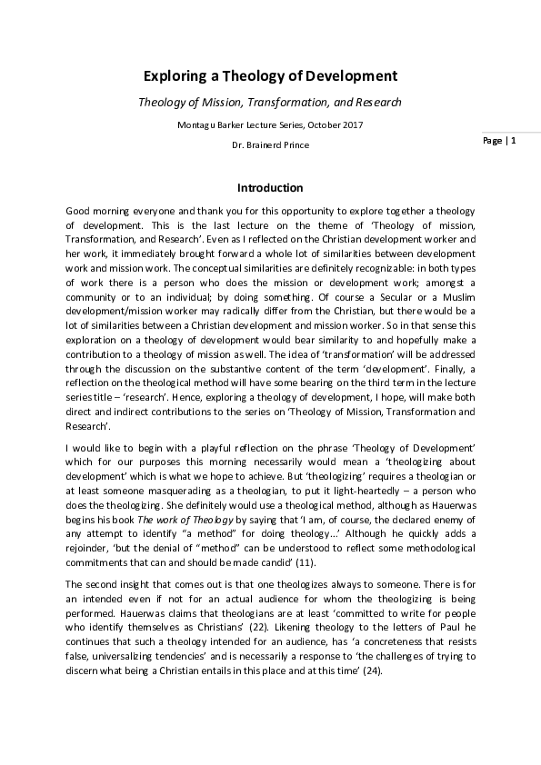 (PDF) Exploring a Theology of Development