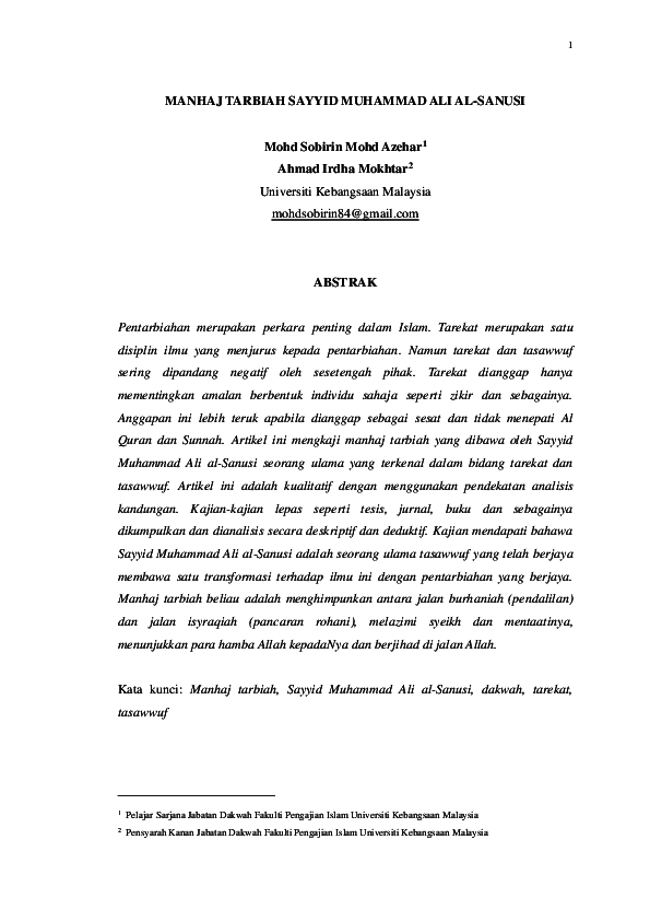 (DOC) MANHAJ TARBIAH SAYYID MUHAMMAD ALI AL-SANUSI Mohd Sobirin Mohd ...