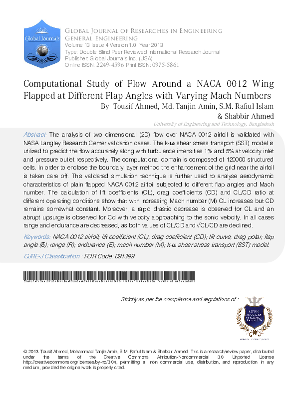 (PDF) Computational Study of Flow Around a NACA 0012 Wing Flapped at ...