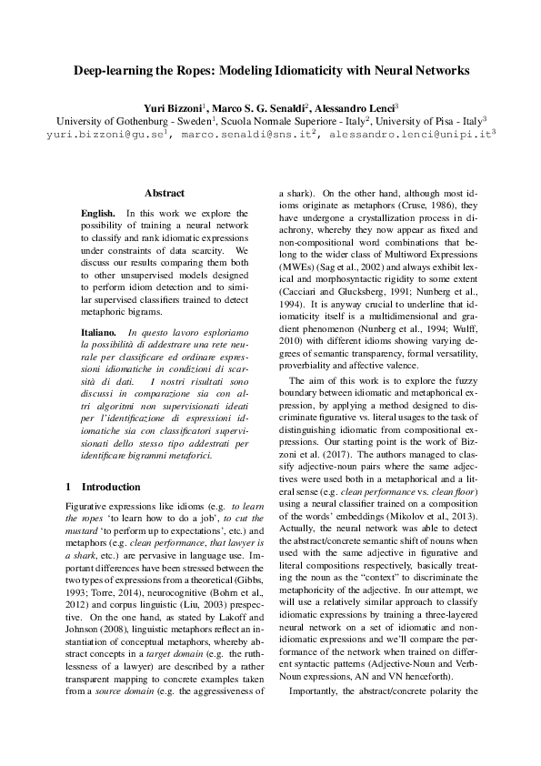 (PDF) Deep-learning the Ropes: Modeling Idiomaticity with Neural Networks