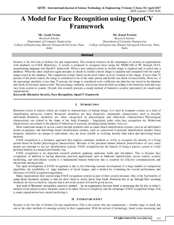 (PDF) A Model for Face Recognition using OpenCV Framework