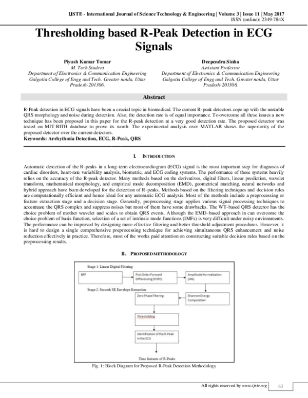 Pdf Thresholding Based R Peak Detection In Ecg Signals