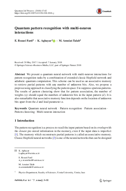 (PDF) Quantum pattern recognition with multi-neuron interactions | Emad Rezaei Fard Boosari and ...