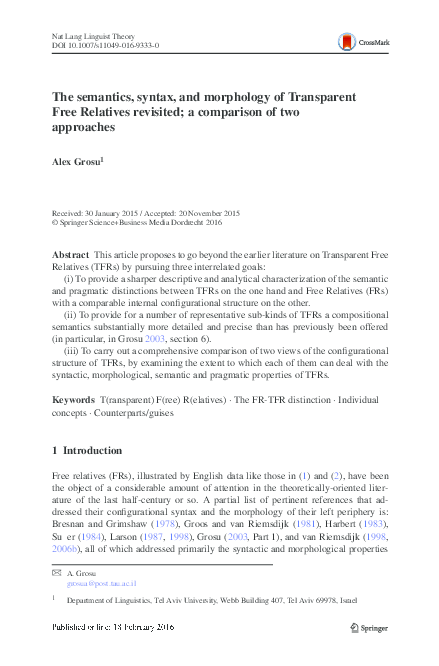 (PDF) The semantics, syntax, and morphology of Transparent Free Relatives revisited; a ...