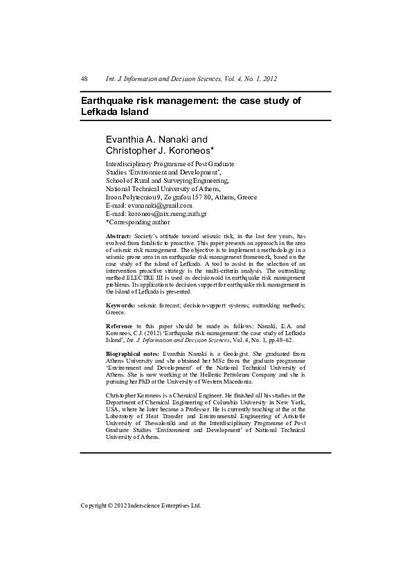 (PDF) Earthquake risk management: the case study of Lefkada Island