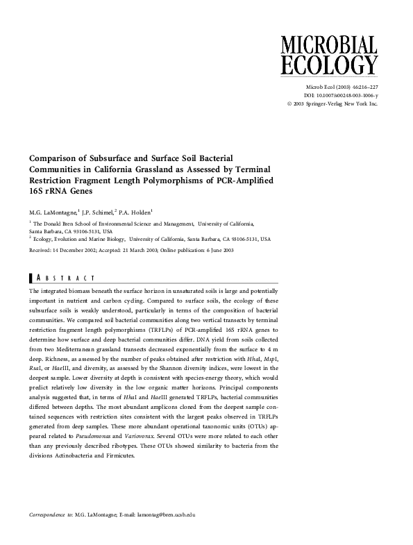 (PDF) Comparison of subsurface and surface soil bacterial communities in california grassland as ...