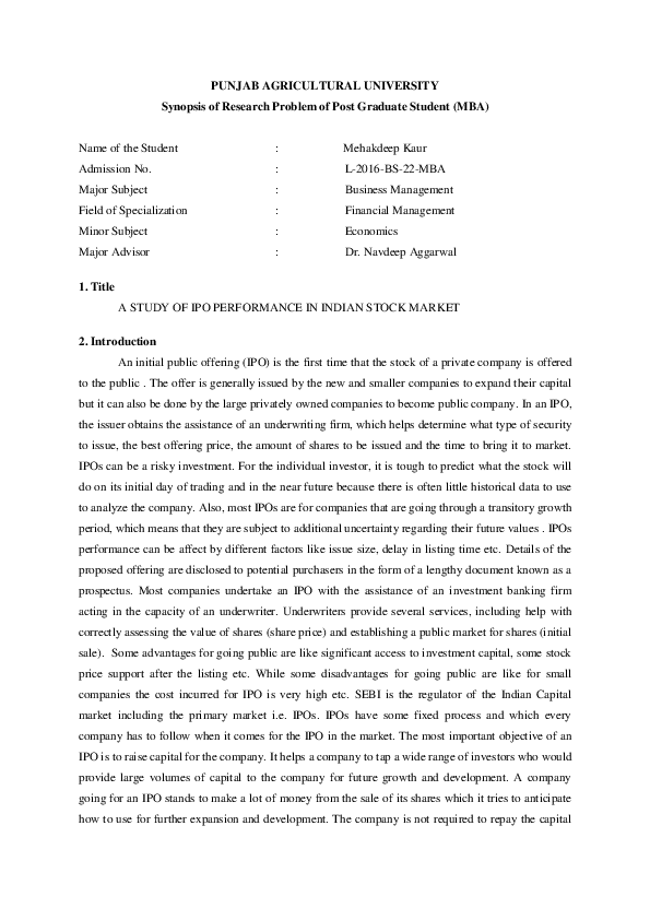 (DOC) A STUDY OF IPO PERFORMANCE IN INDIAN STOCK MARKET 2. Introduction