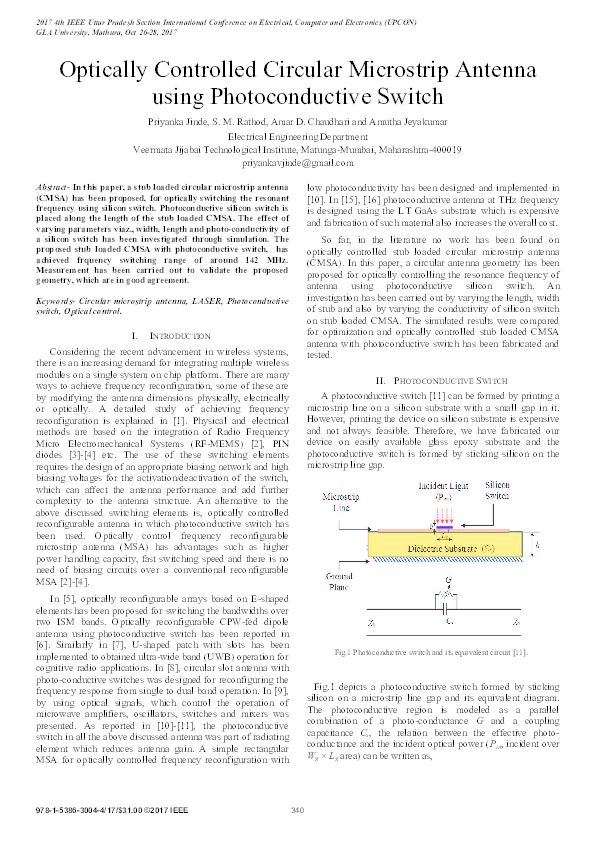 Pdf Optically Controlled Circular Microstrip Antenna Using