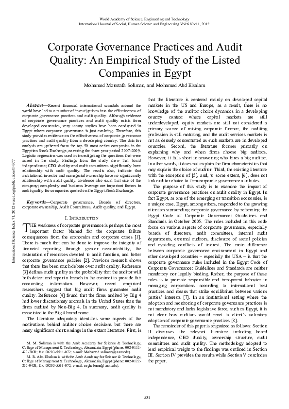 (PDF) Corporate Governance Practices and Audit Quality: An Empirical Study of the Listed
