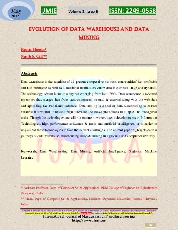 (PDF) IJMIE EVOLUTION OF DATA WAREHOUSE AND DATA MINING