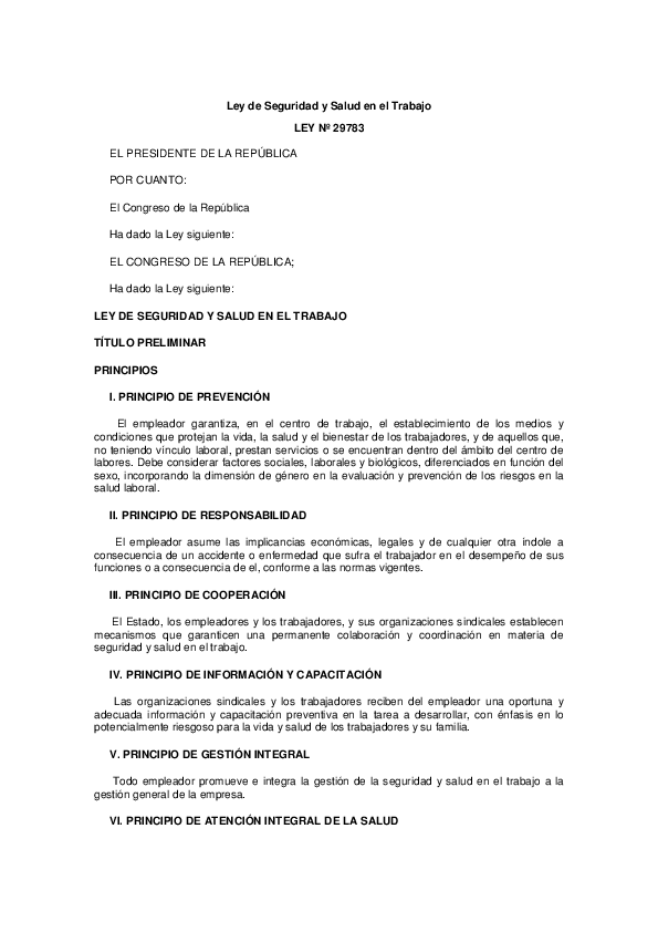 (PDF) Ley N° 29783 Ley de Seguridad y salud en el Trabajo