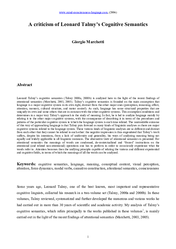 (PDF) A criticism of Leonard Talmy's Cognitive Semantics