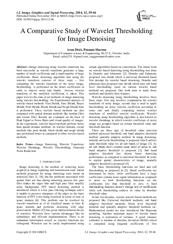 (PDF) A Comparative Study of Wavelet Thresholding for Image Denoising