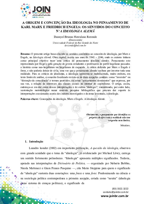 Pdf A Origem E ConcepÇÃo Da Ideologia No Pensamento De Karl Marx E