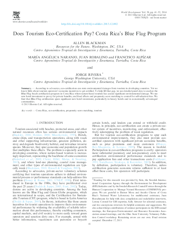 (PDF) Does Tourism Eco-Certification Pay? Costa Rica's Blue Flag Program