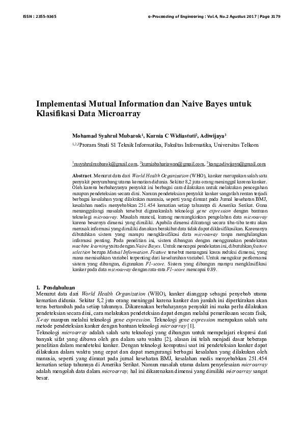 Pdf Implementasi Mutual Information Dan Naive Bayes Untuk Klasifikasi Data Microarray