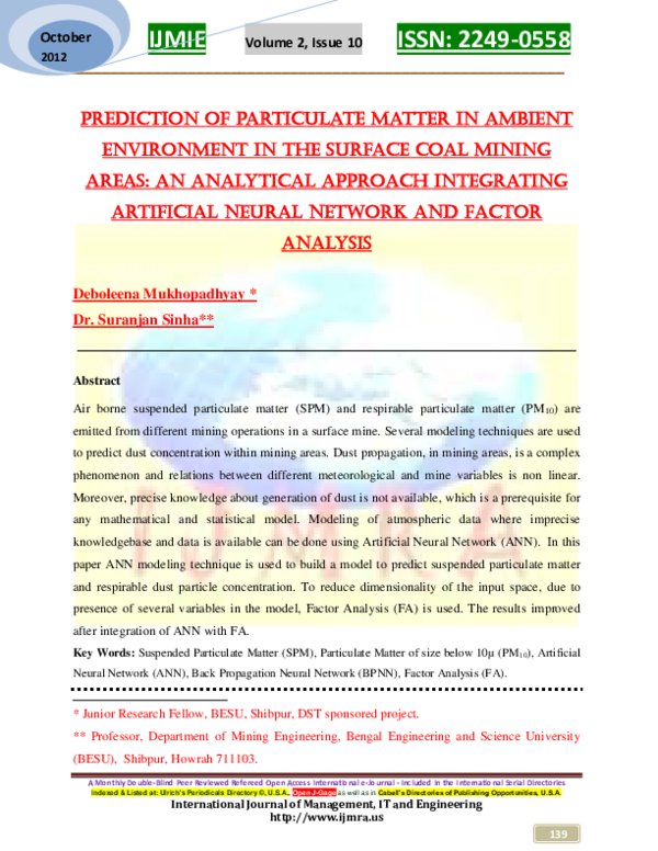 Pdf Prediction Of Air Particles In Mines Area Using Neural Network Model After Reducing The