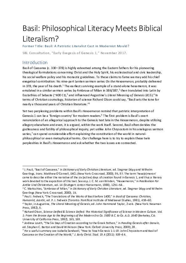 (DOC) Basil: Philosophical Literacy Meets Biblical Literalism