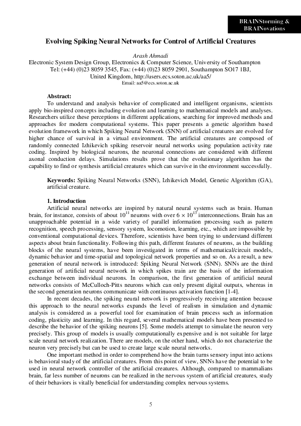 (PDF) Evolving Spiking Neural Networks for Control of Artificial Creatures