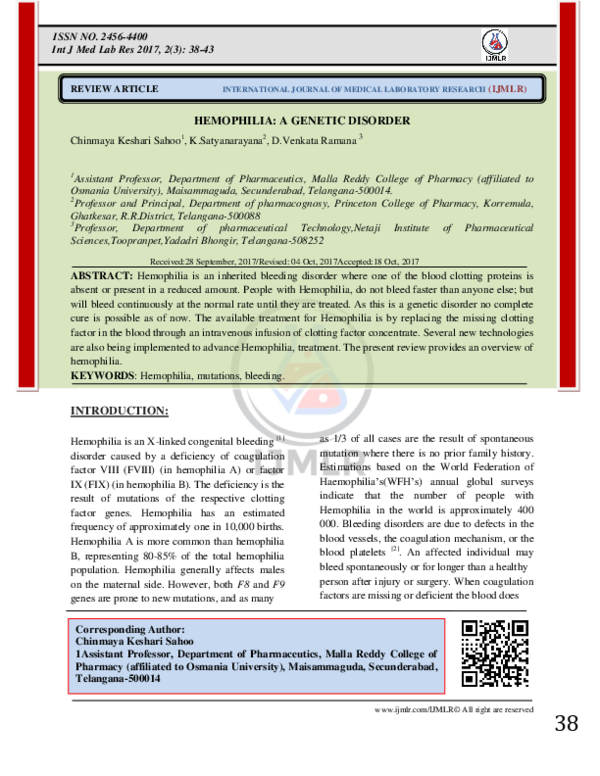 (PDF) HEMOPHILIA: A GENETIC DISORDER
