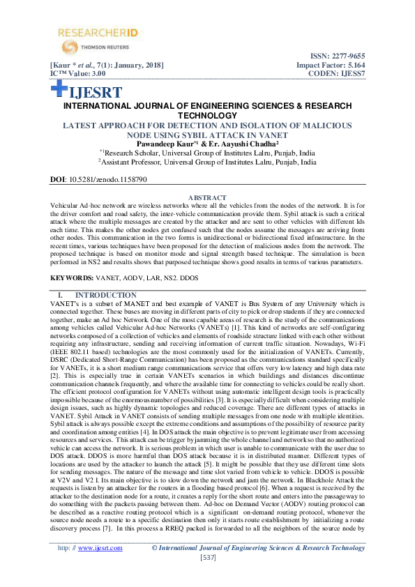 Pdf Latest Approach For Detection And Isolation Of Malicious Node Using Sybil Attack In Vanet