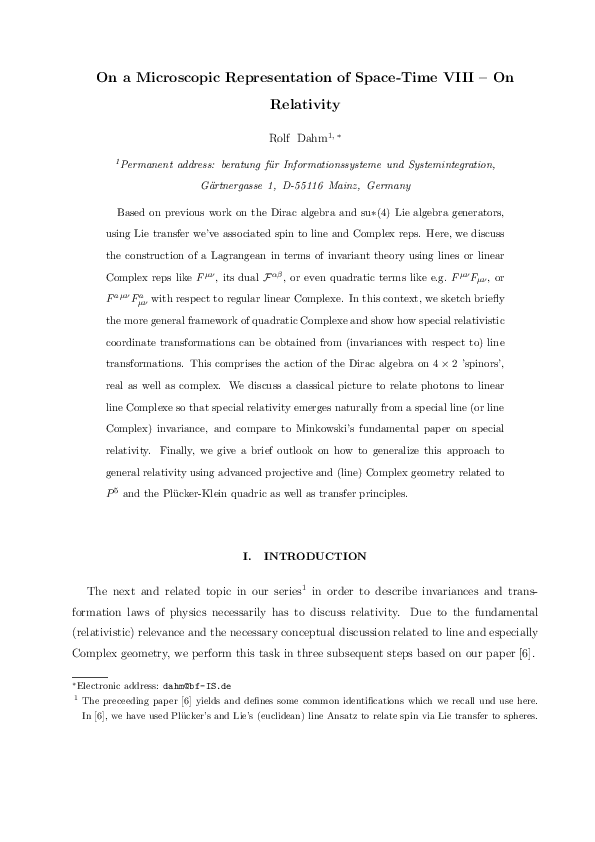 (PDF) On a Microscopic Representation of Space-Time III | Rolf Dahm ...