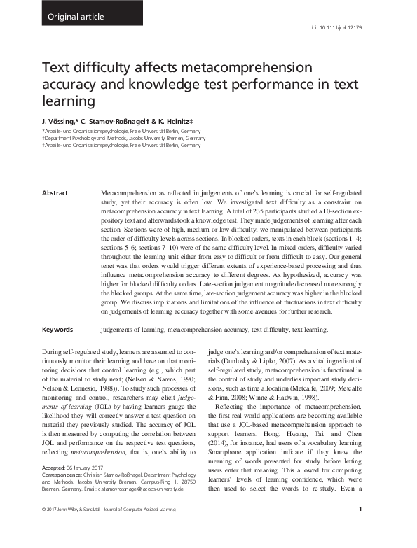 Pdf Text Difficulty Affects Metacomprehension Accuracy And Knowledge Test Performance In Text