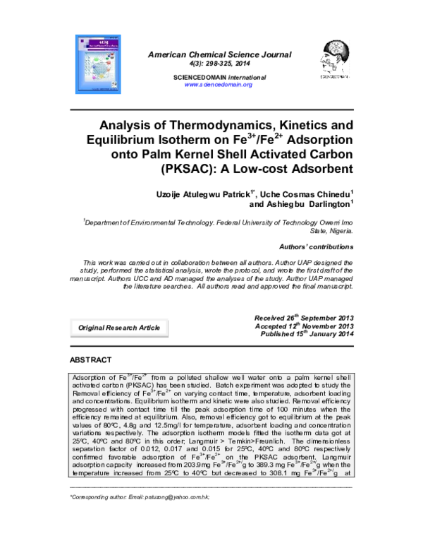 (PDF) Analysis of Thermodynamics, Kinetics and Equilibrium Isotherm on Fe 3+ /Fe 2+ Adsorption ...