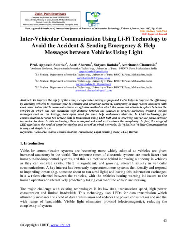 (PDF) Inter-Vehicular Communication Using Li-Fi Technology to Avoid the Accident & Sending ...