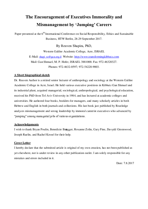(PDF) The Encouragement of Executives Immorality and Mismanagement by ...