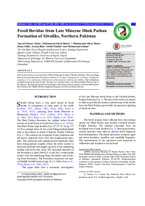 (PDF) Fossil Bovidae from Late Miocene Dhok Pathan Formation of ...