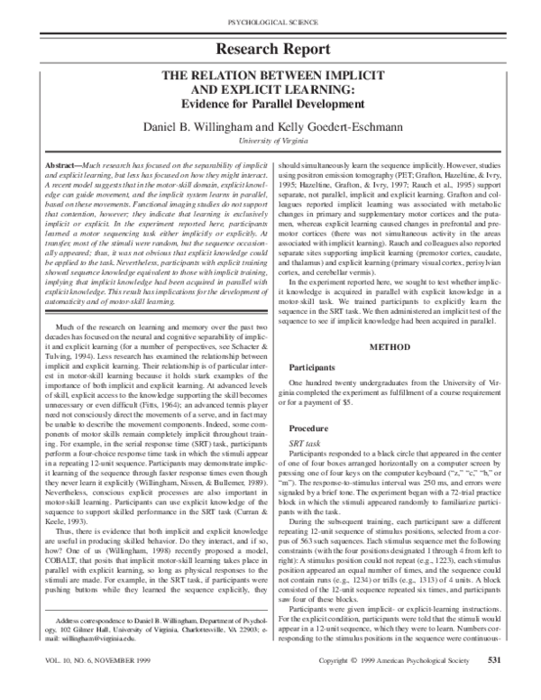 Pdf The Relation Between Implicit And Explicit Learning Evidence For Parallel Development