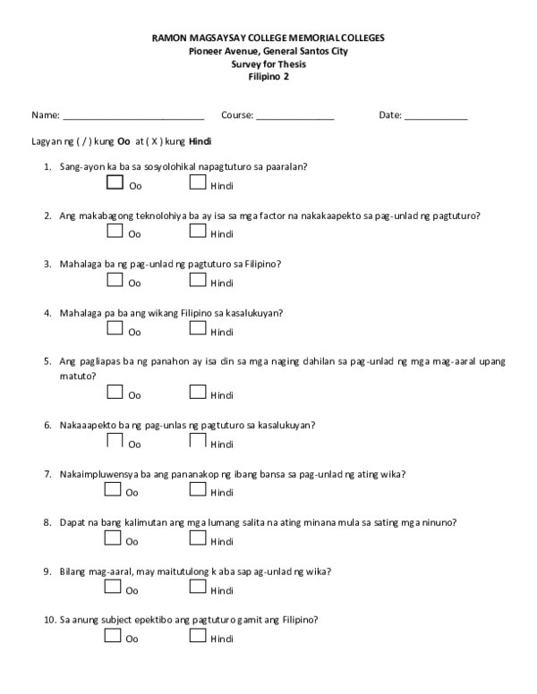 (DOC) RAMON MAGSAYSAY COLLEGE MEMORIAL COLLEGES Pioneer Avenue, General ...