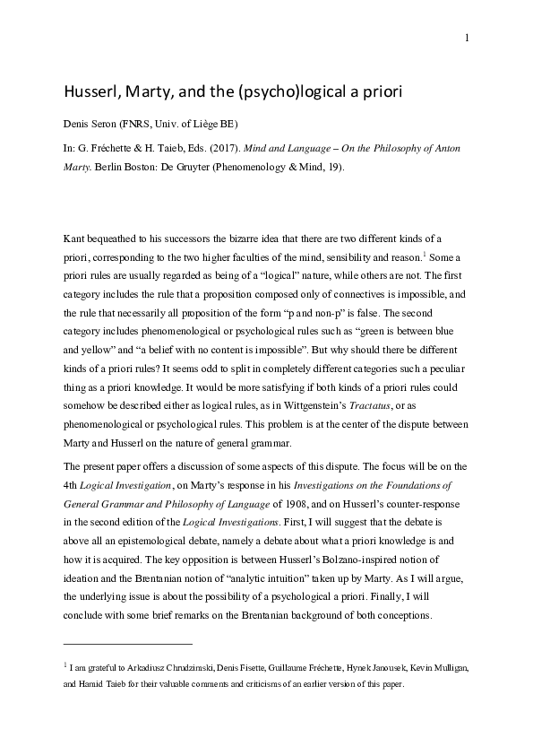 (PDF) Husserl, Marty, and the (psycho)logical a priori