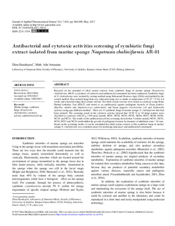 (PDF) Antibacterial and cytotoxic activities screening of symbiotic fungi extract isolated from ...