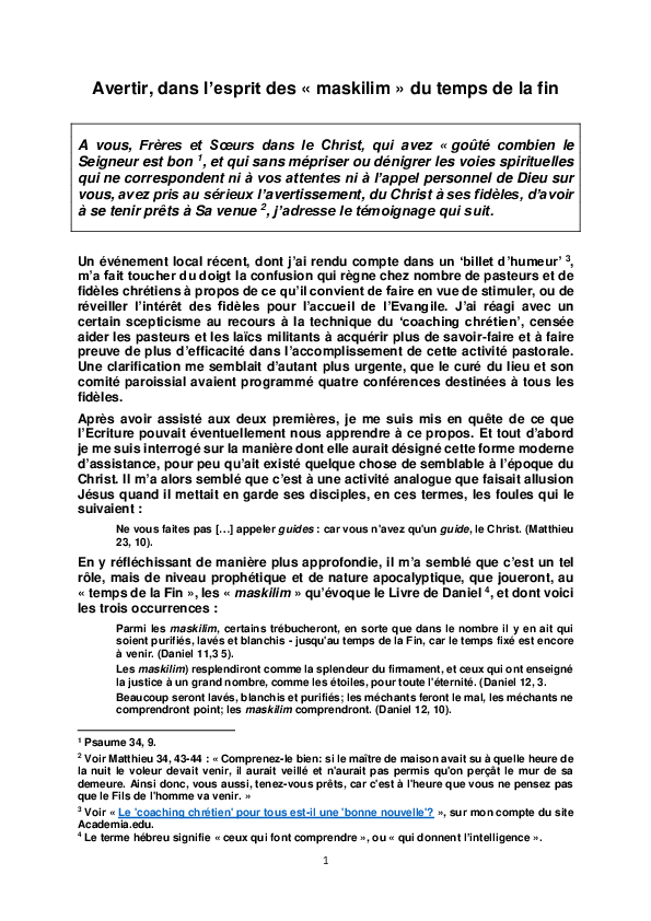 (PDF) Avertir, dans l'esprit des « maskilim » du temps de la fin