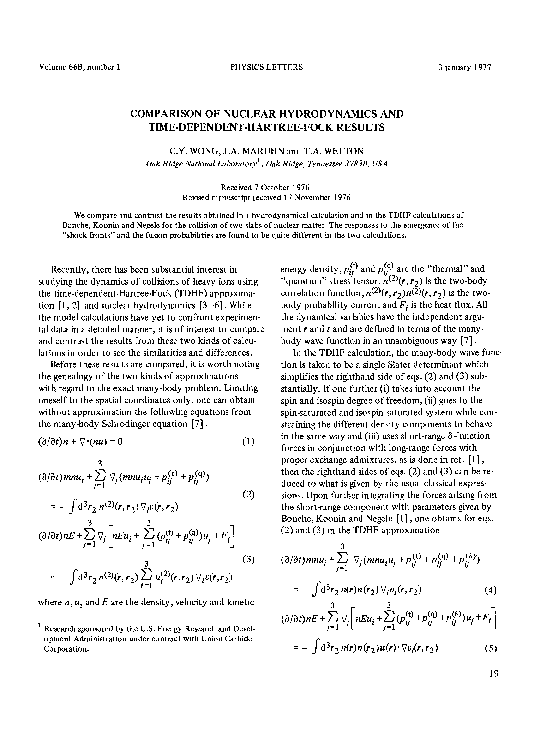 (PDF) Comparison of nuclear hydrodynamics and time-dependent-Hartree-Fock results