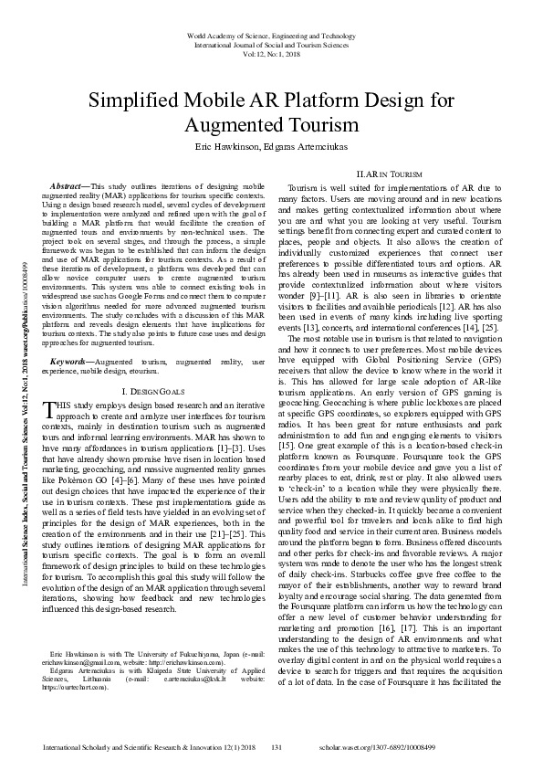 (PDF) Simplified Mobile AR Platform Design for Augmented Tourism