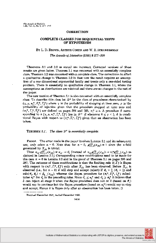 Pdf Correction Complete Classes For Sequential Tests Of Hypotheses