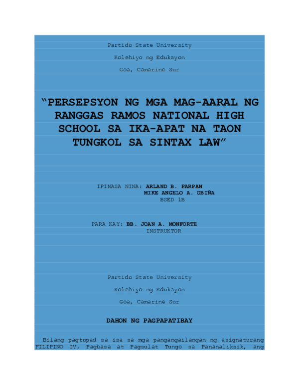 (DOC) " PERSEPSYON NG MGA MAG-AARAL NG RANGGAS RAMOS NATIONAL HIGH SCHOOL SA IKA-APAT NA TAON ...
