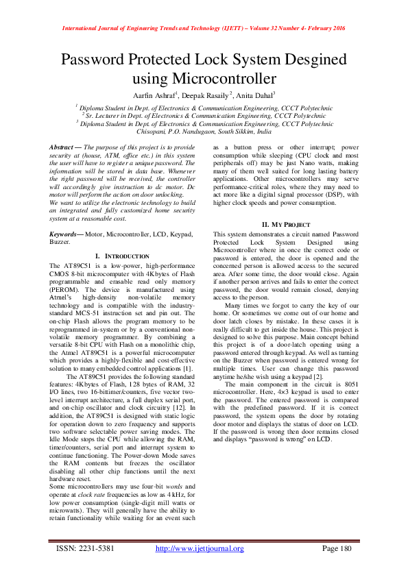 (PDF) Password Protected Lock System Desgined using Microcontroller