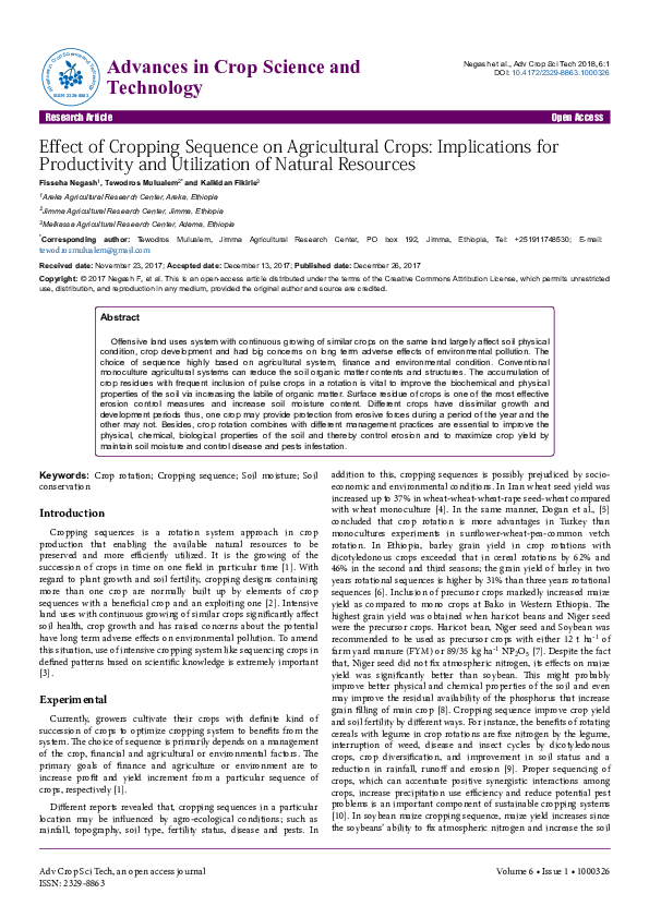 (PDF) Effect of Cropping Sequence on Agricultural Crops: Implications ...