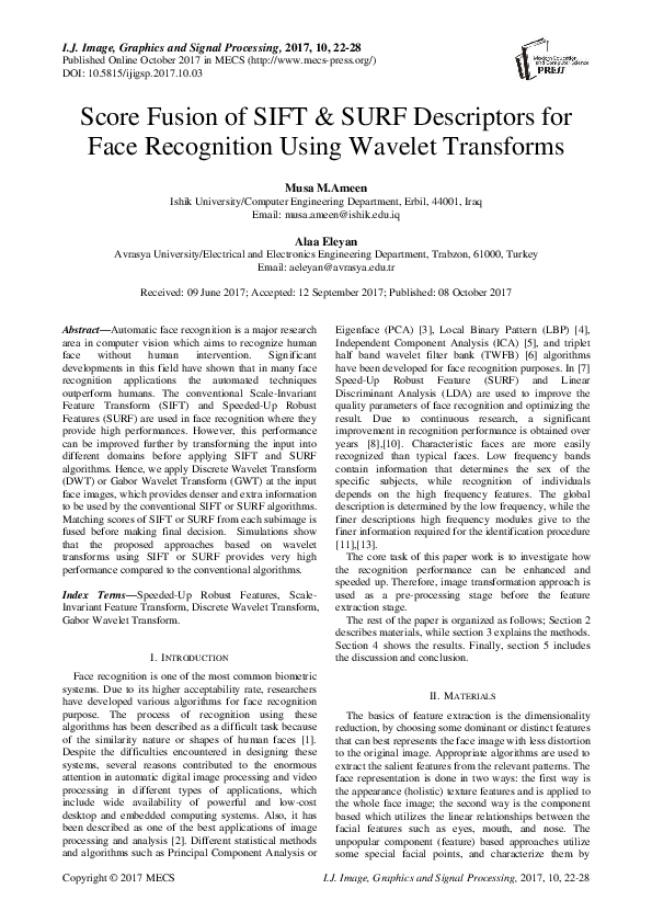 Pdf Score Fusion Of Sift And Surf Descriptors For Face Recognition Using Wavelet Transforms
