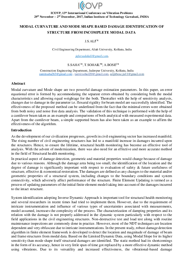 (PDF) MODAL CURVATURE AND MODE SHAPE BASED DAMAGE IDENTIFICATION OF STRUCTURE FROM INCOMPLETE ...