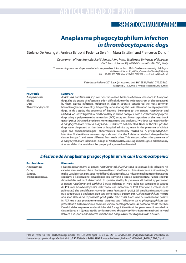 (PDF) Anaplasma phagocytophilum infection in thrombocytopenic dogs