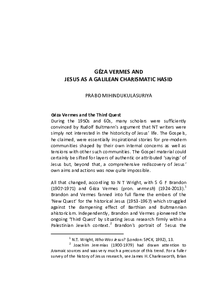 (PDF) GÉZA VERMES AND JESUS AS A GALILEAN CHARISMATIC HASID