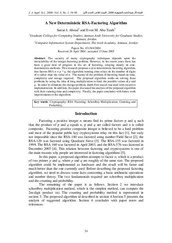 (PDF) A New Deterministic RSA-Factoring Algorithm | Evon Abu-Taieh ... (PDF) A New Deterministic RSA-Factoring Algorithm | Evon Abu-Taieh ...