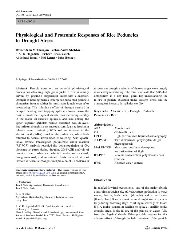 (PDF) Physiological and Proteomic Responses of Rice Peduncles to ...